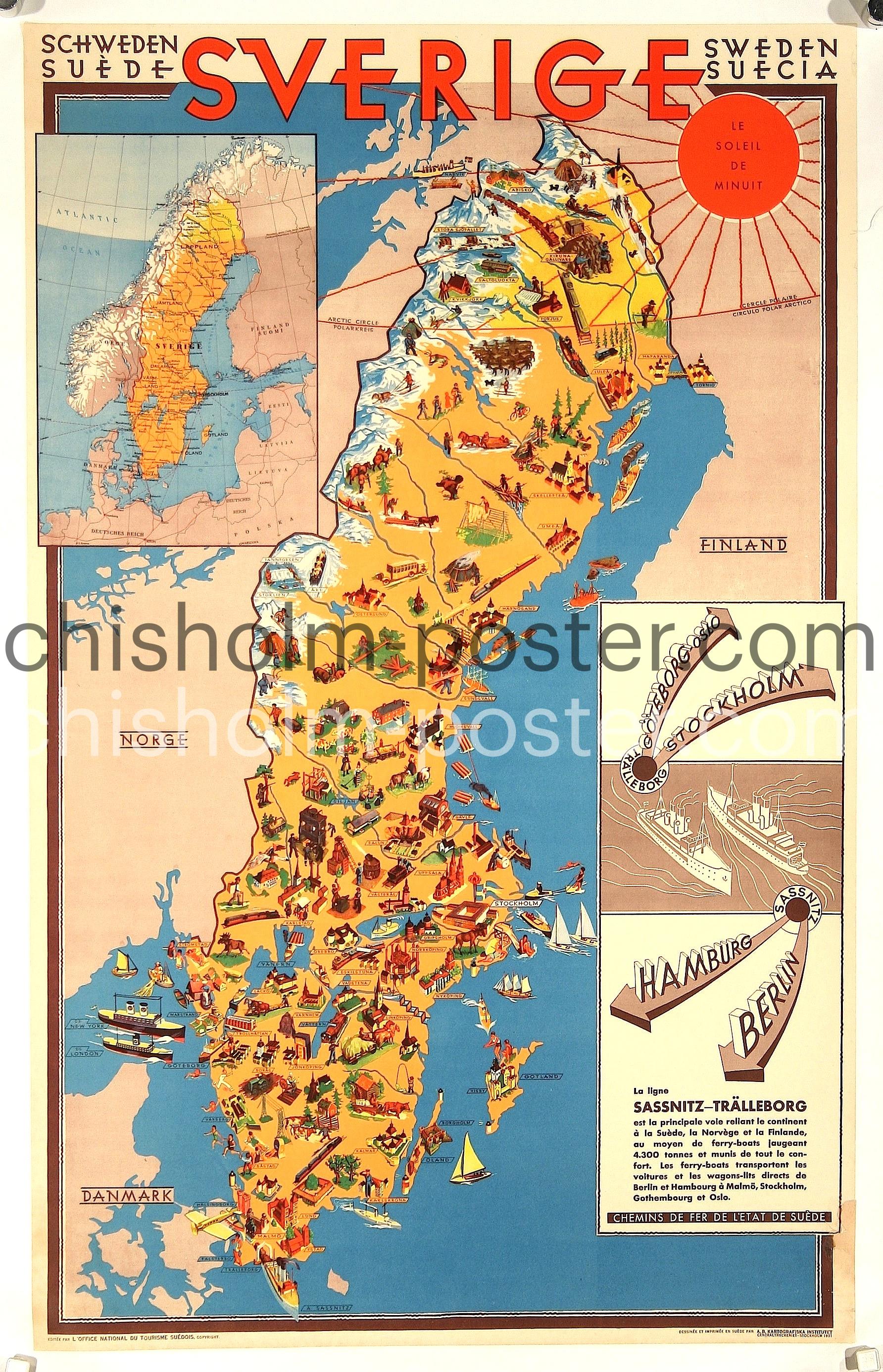 Sverige - Sweden - Map | Original Vintage Poster | Chisholm Larsson Gallery