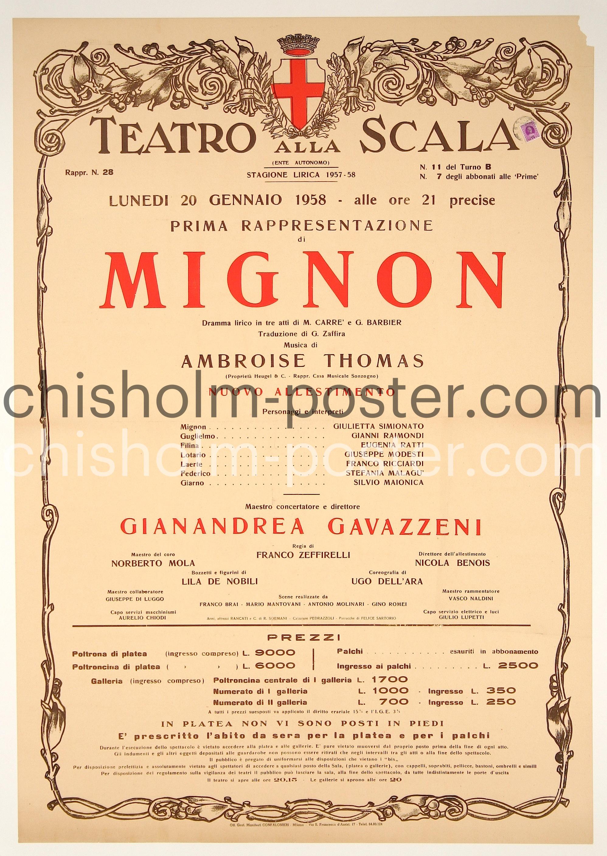 Teatro alla Scala 1958 - Mignon | Original Vintage Poster | Chisholm ...