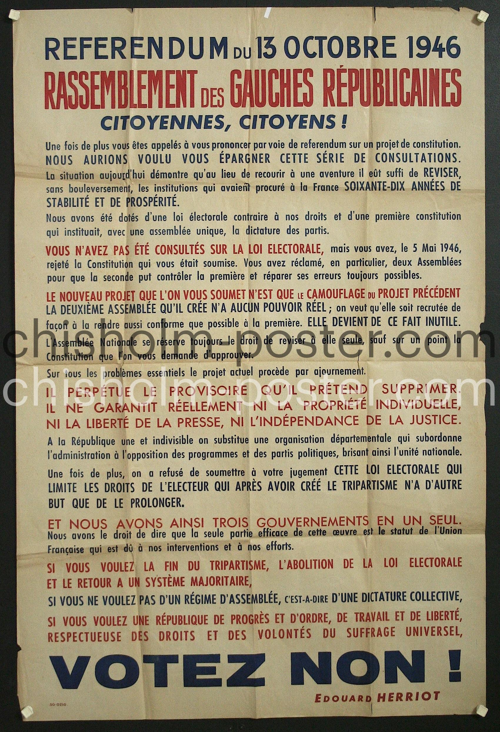 Referendum du 13 Octobre 1946- Votez Non! Edouard Herriot | Original ...