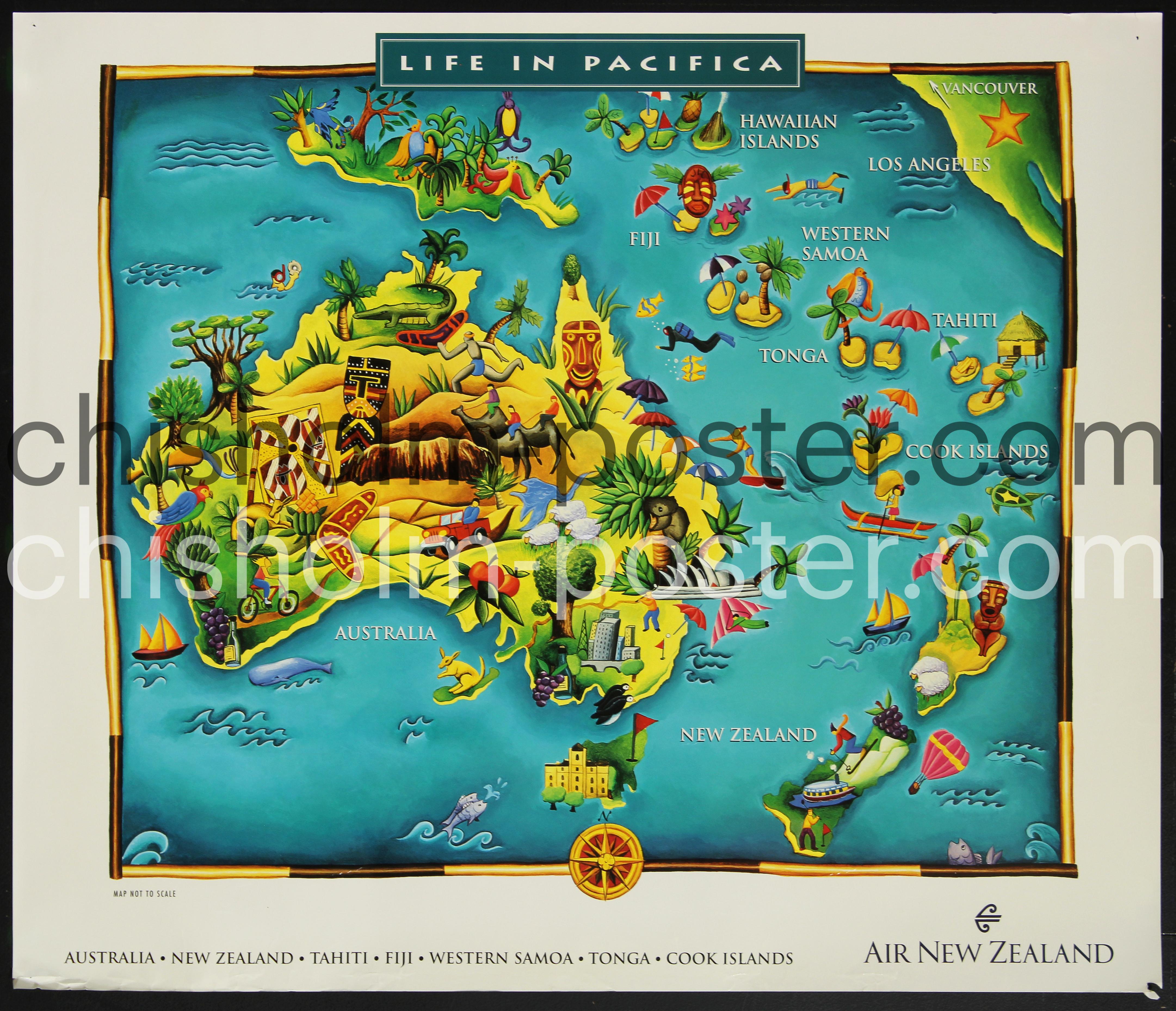 Air New Zealand - Life in Pacifica - Map | Original Vintage Poster ...